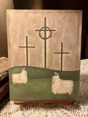 PRIMITIVE Folk Art, Sheep & Crosses, Artist Canvas Board Sign | eBay