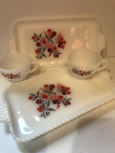 2 Vtg Anchor Hocking Fire King Milk Glass Floral Snack Plate & Cup sets ...