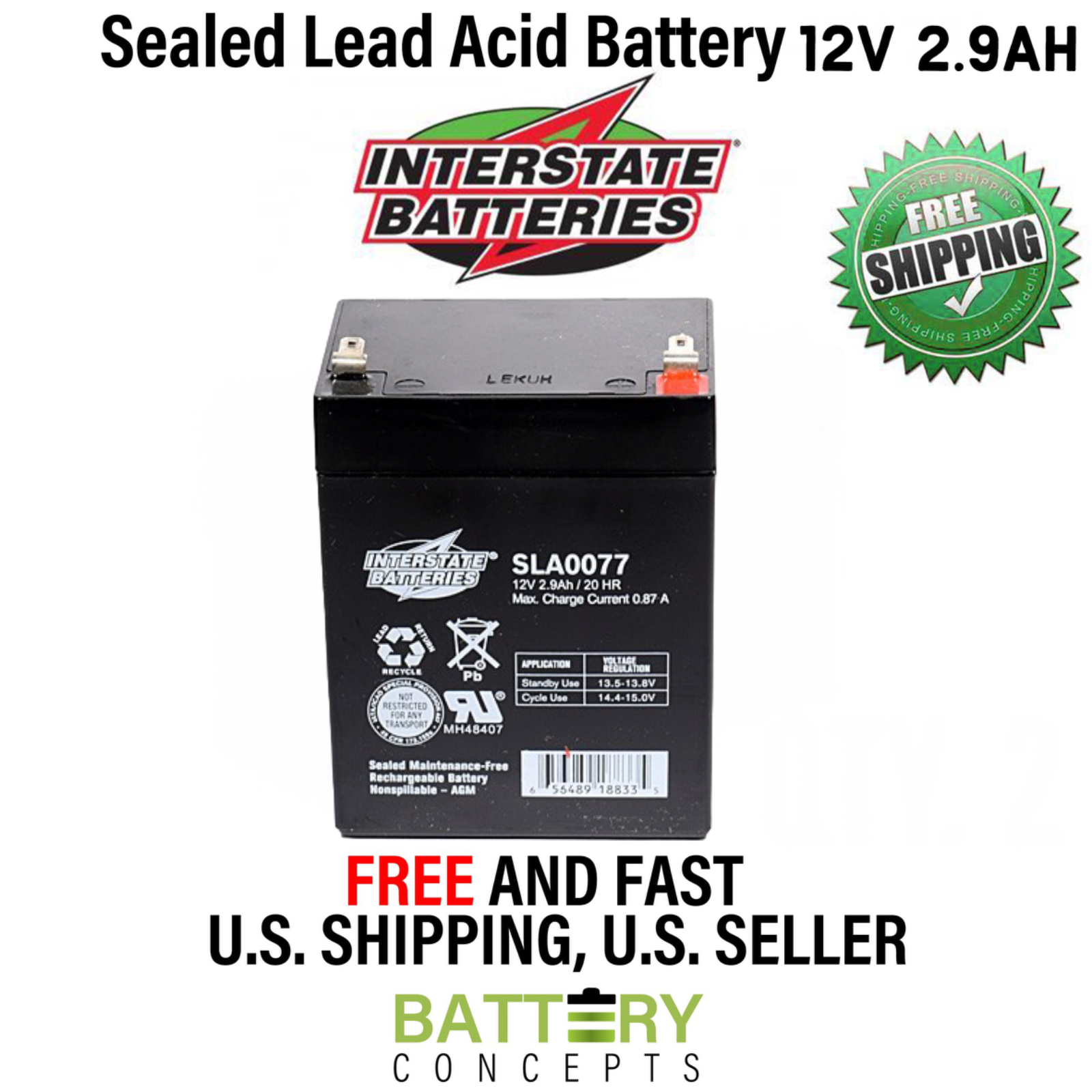 Interstate Batteries SLA0077 (SB-0077) 12V 2.9Ah Lead Acid Battery for ...