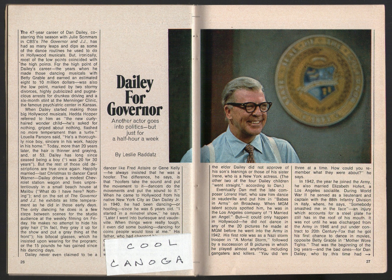 1969 Tv Article~DAN DAILEY~THE GOVEROR & JJ~ACTOR/DANCER~3.5 PAGES | eBay