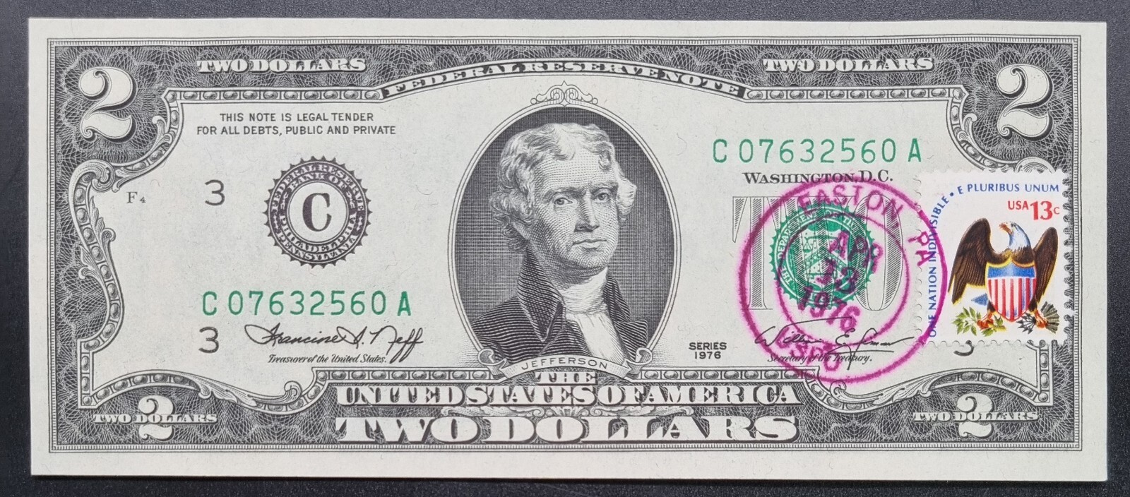 1976 Two Dollar Federal Reserve Note $2 First Day of Issue Postmarked ...