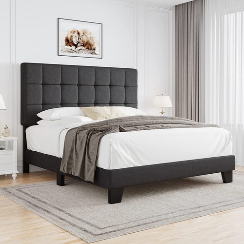 Full Size Upholstered Panel Bed Frame with Adjustable Headboard, Grey ...