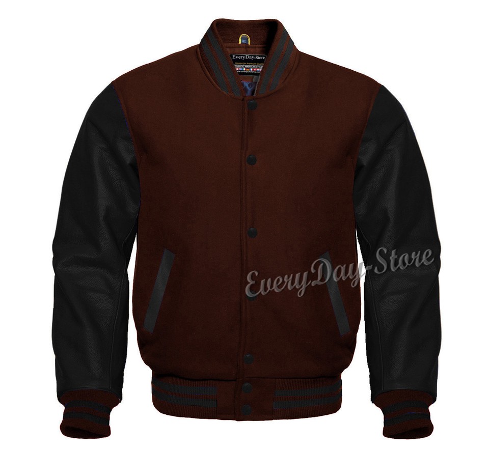 Varsity Letterman Baseball Jacket in Wool & Genuine Black Leather ...