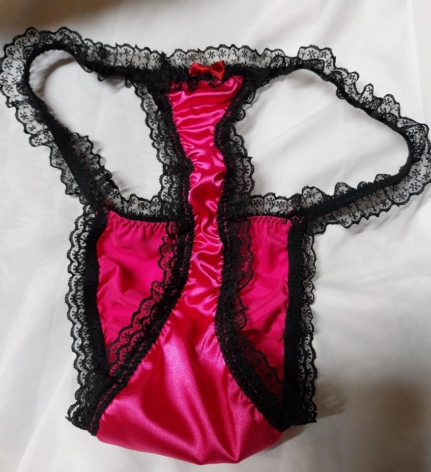 Hot Pink SATIN Black Lace Sissy T Back THONG cd tv Drag Frilly | eBay UK