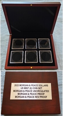 2023 MORGAN & PEACE DOLLARS 6 Coin Set SOLID WOOD Display W/ Plaque (NO ...