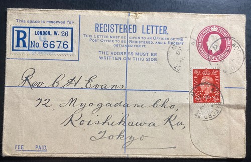 1938 London England Registered Stationery Cover To Tokyo Japan Perfin ...