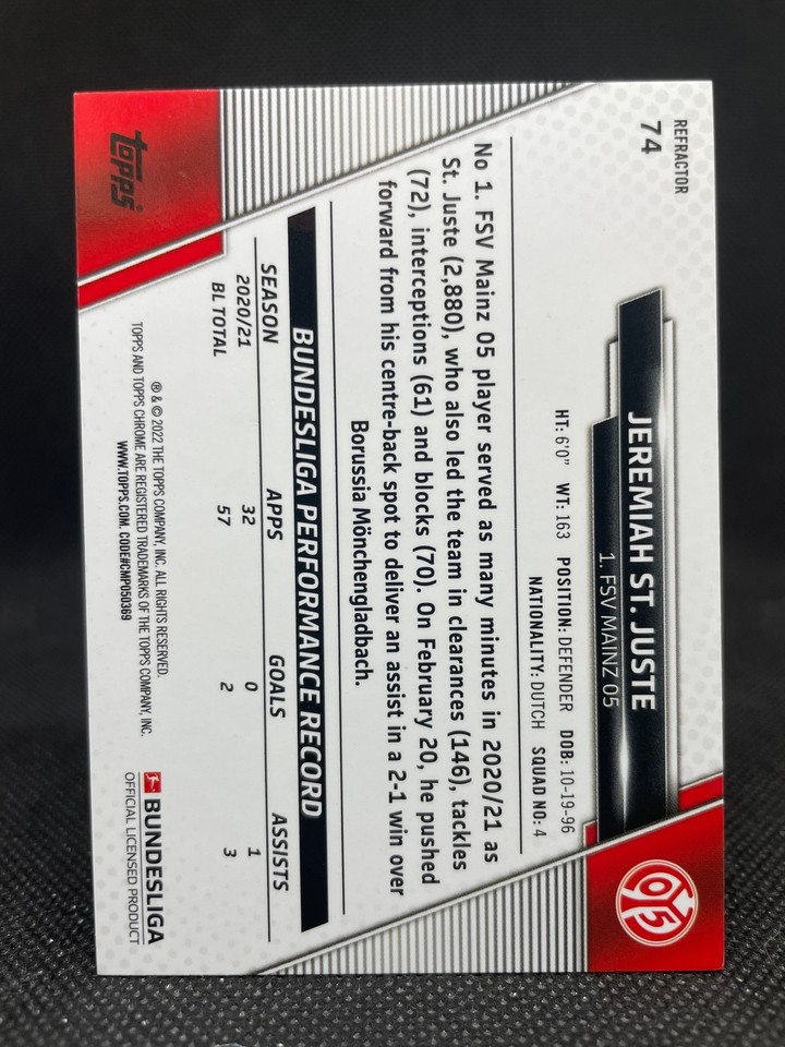 JEREMIAH ST. JUSTE 2022 TOPPS CHROME REFRACTOR CARD #74 MAINZ | eBay