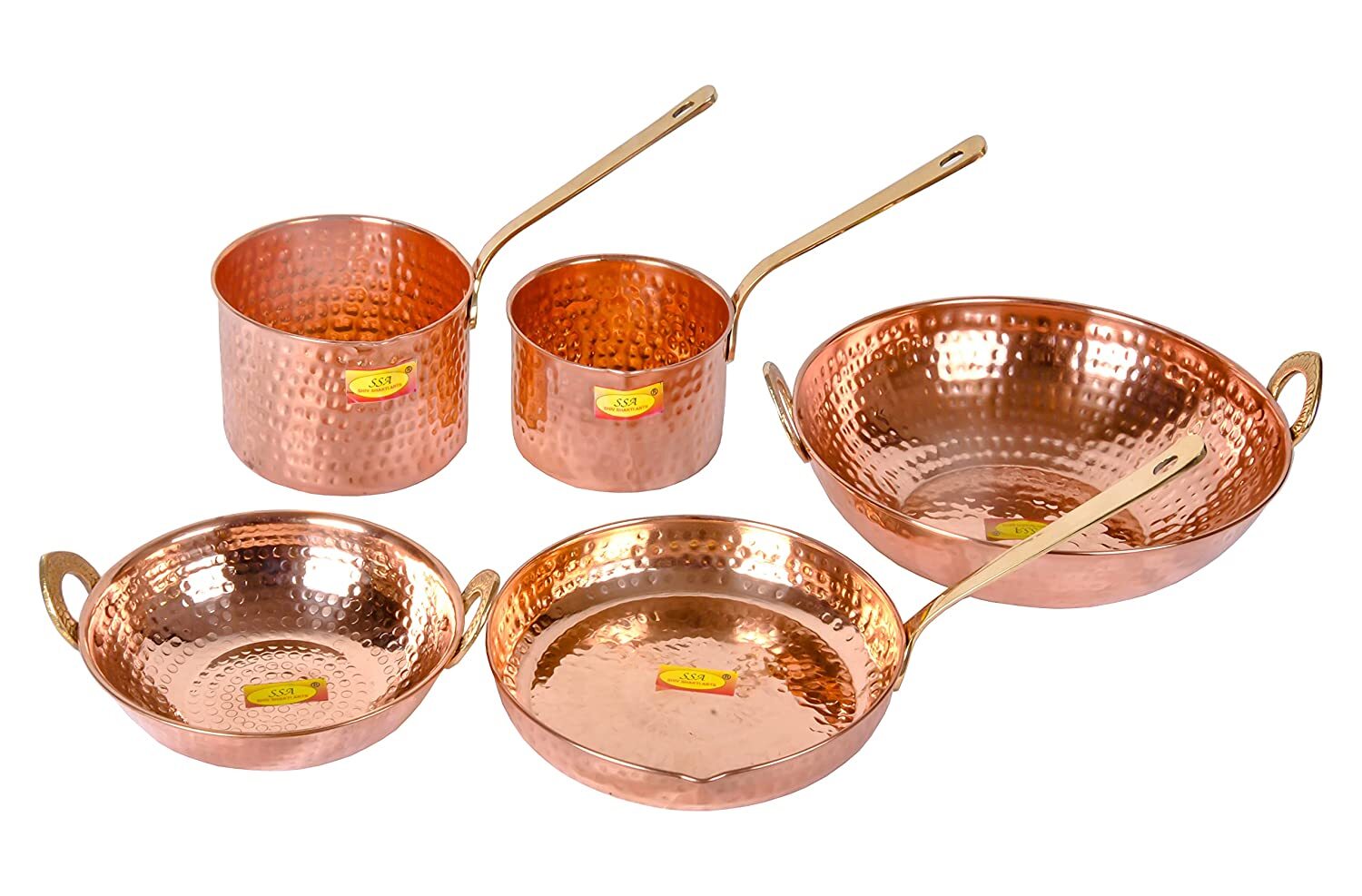 Pure Copper Cookware Set 5 Piece Set with Brass Handle for Cooking ...