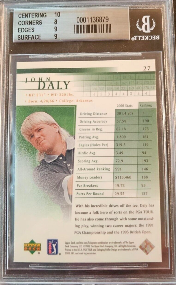 BCCG 8.5 NEAR MINT GOLF 2001 UPPER DECK JOHN DALY ROOKIE #27 PGA - NO ...