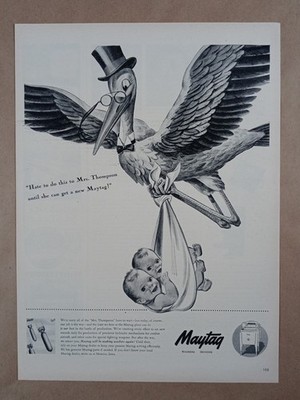 1944 MAYTAG Washer Stork Bird Babies War Shortage WWII Vintage Poster ...