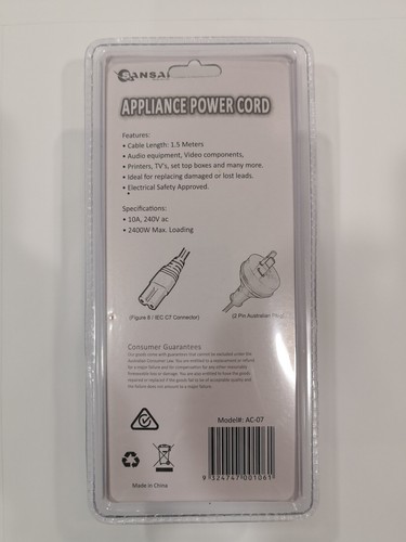 2 Pin Core Figure 8 Power Lead Cable Cord Australian Plug to IEC-C7 ...