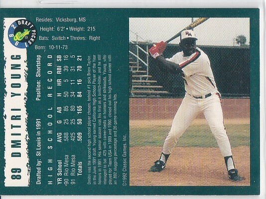 G) 1992 Classic Draft Picks - Baseball Trading Card - Dimitri Young #89 ...