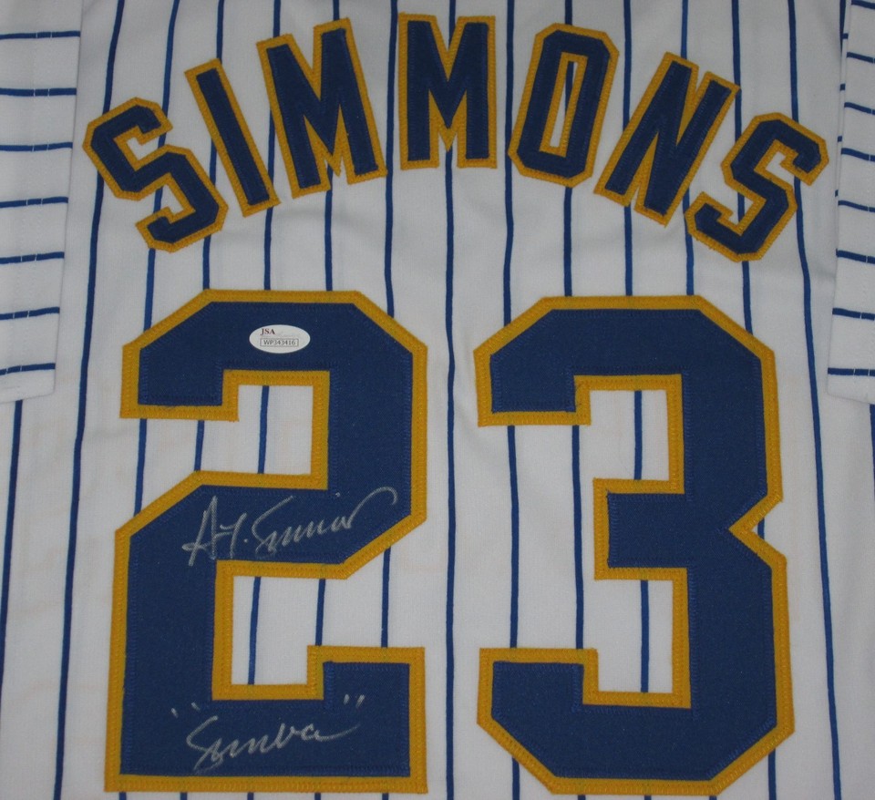 Brewers TED SIMMONS #23 Custom PinStripe Jersey AUTO w/ "SIMBA" - HOF ...