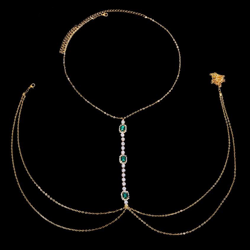 Green Crystal Chest Chain Harness Stainless Steel Belly Waist Chain ...