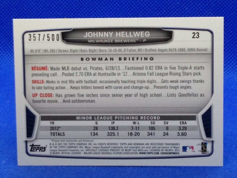 2013 Bowman Draft Blue /500 John Hellweg Johnny Hellweg #23 Rookie RC ...