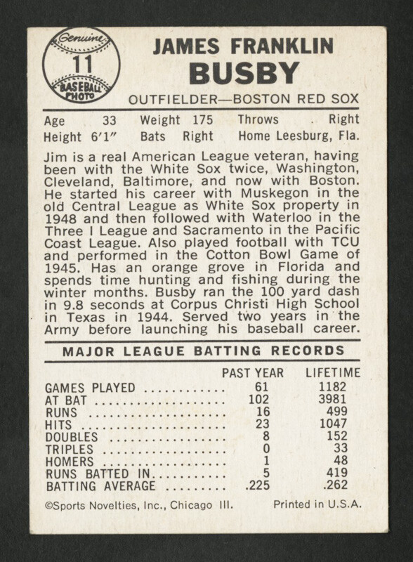 1960 LEAF #11 JIM BUSBY AUTOGRAPHED PRISTINE SIGNED BOSTON RED SOX ...