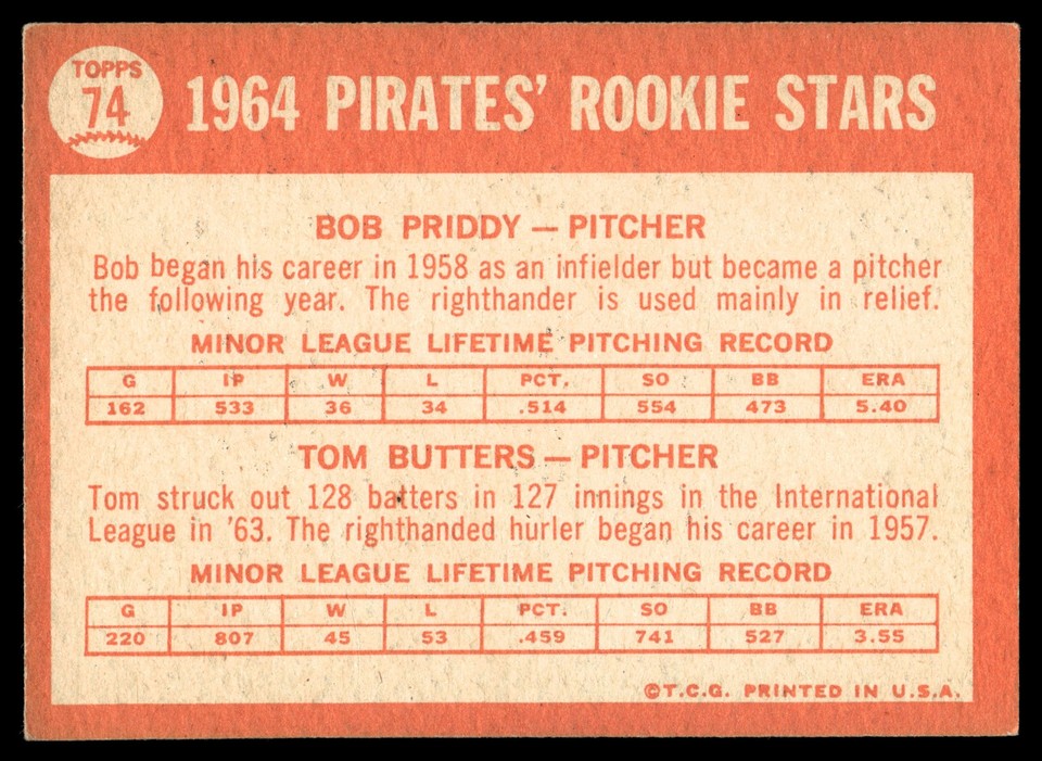 1964 Topps Rookie Stars (Bob Priddy / Tom Butters) RS, RC #74 RC ...