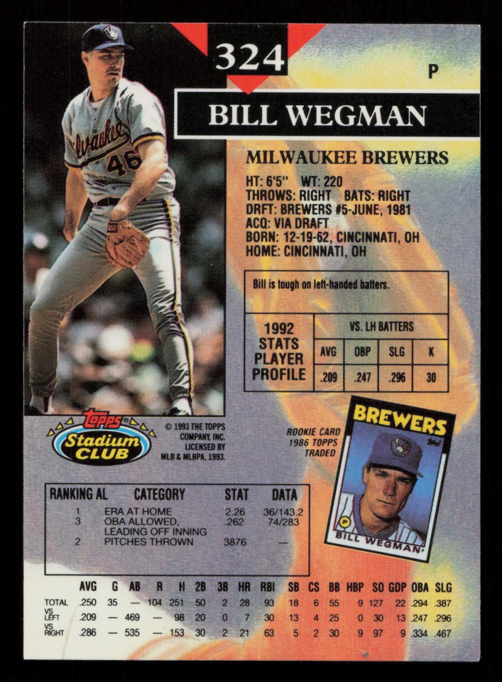 1993 Stadium Club Bill Wegman #324 Milwaukee Brewers Baseball Card | eBay
