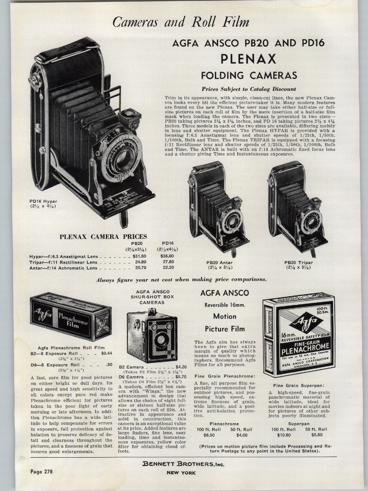 1936 PAPER AD AGFA Ansco Plenax Folding Camera Kodak Bantam 8MM 16MM ...