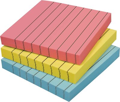 Lined Sticky Notes 3 x 3, 3 Pack, 300 Sheets (100/Pad), Self Stick ...