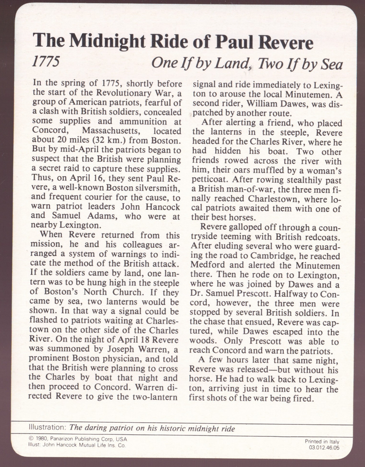 PAUL REVERE'S MIDNIGHT RIDE 1775 Revolutionary War 1980 STORY OF ...