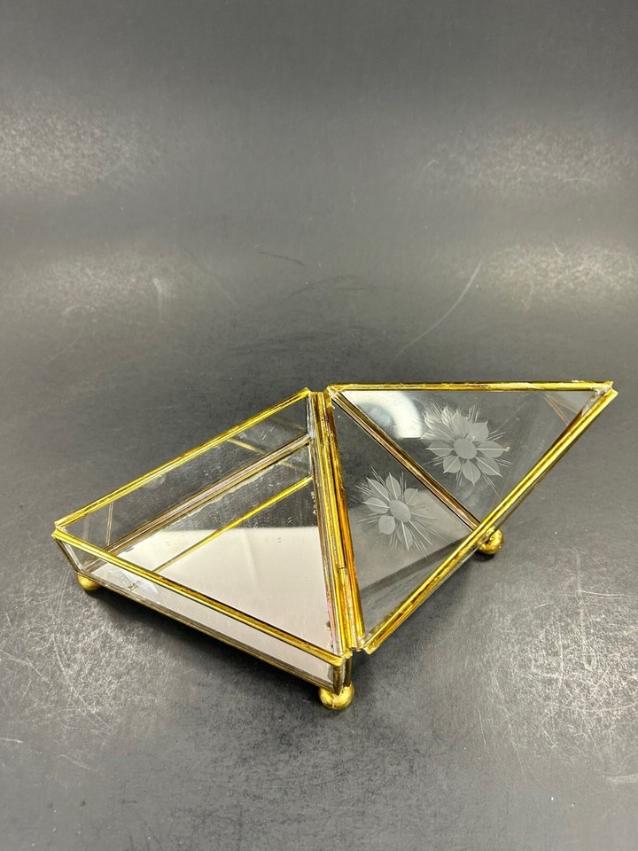 Vtg Triangle Brass & Etched Flower Glass Dome Trinket Box Hinged Lid | eBay