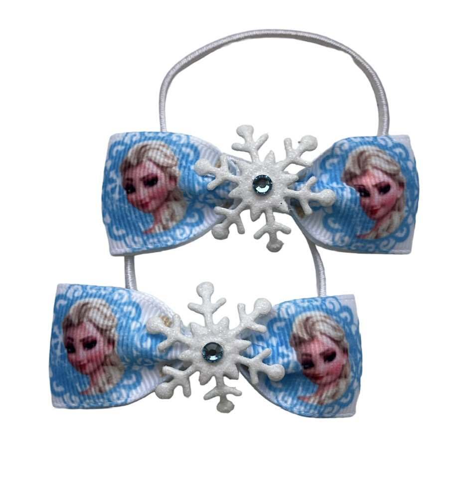 Pair of Christmas Hair Bows Elsa Frozen Snow Flake Diamante Elastic ...