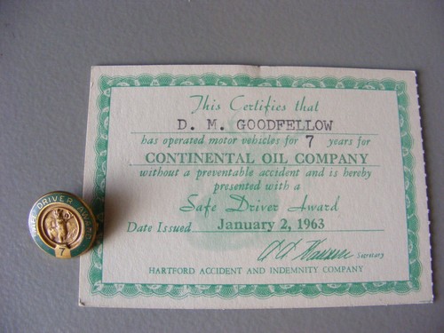 Vintage 1963 Continental Oil Company Conoco Safe Driver Certificate ...