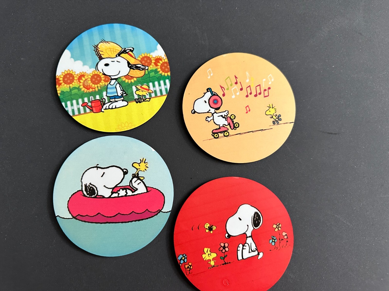 Set of 4 Snoopy Coasters, snoopy skating, snoopy gardening, snoopy ...