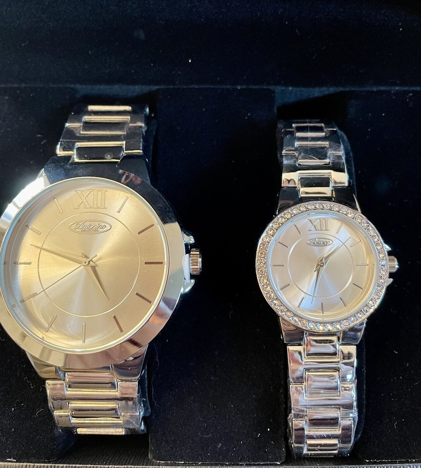 ANTONINO COLLECTION Silver Tone HIS & HERS Wrist Watches Set In Case ...