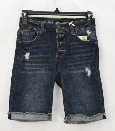 Vanilla Star Hi-Rise Button Fly Raw Hem Denim Bermuda Shorts Juniors 25 ...