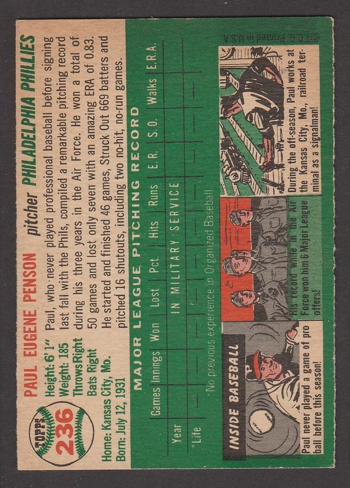 1954 TOPPS BASEBALL # 236 PAUL PENSON INV 7945 | eBay