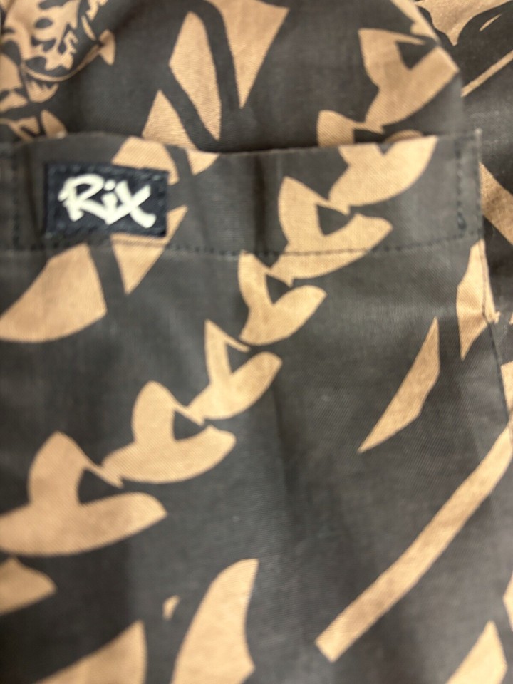 RIX Hawaiian Aloha ss Tiki Tribal Button Shirt mens L Brown Black ...