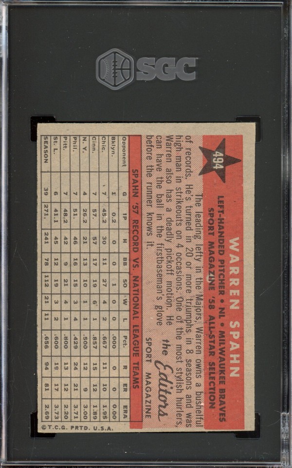 1958 Topps #494 Warren Spahn SGC 5 Milwaukee Braves All-Star Baseball ...
