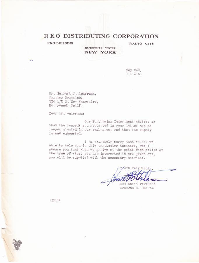 1935 letter from RKO RADIO PICTURES to Forrest J Ackerman & FANTASY ...