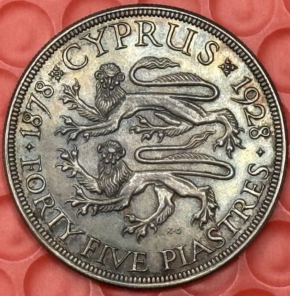 CYPRUS ANTIQUE 45 PIASTRES SILVER CROWN COIN KING GEORGE V 1878-1928 ...