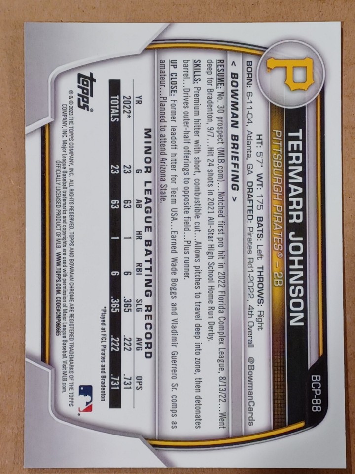 2023 Bowman Chrome Prospect Termarr Johnson #BCP-88 Pirates Baseball ...