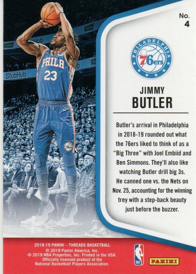 2018-19 Panini Threads Threedom! 4 Jimmy Butler Philadelphia 76ers (19 ...