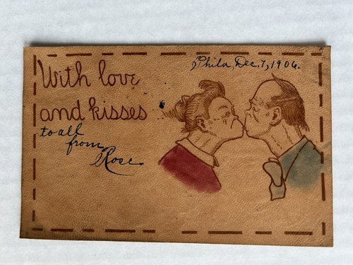 1906 Leather Postcard Humor Couple With Love and Kisses Waterbury Conn ...