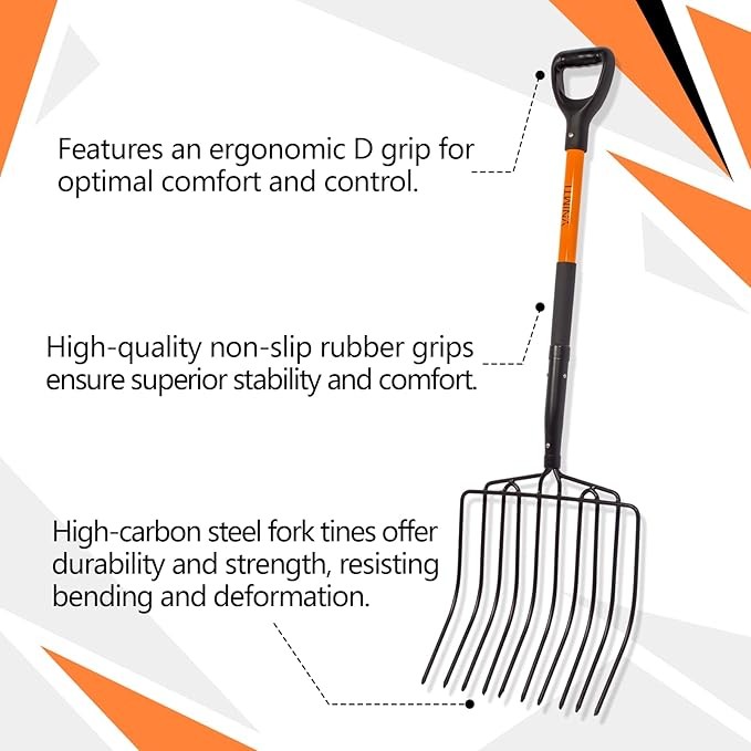 Pitch Fork for Gardening, 10 Tines Wide Pitch Fork with Fiberglass ...
