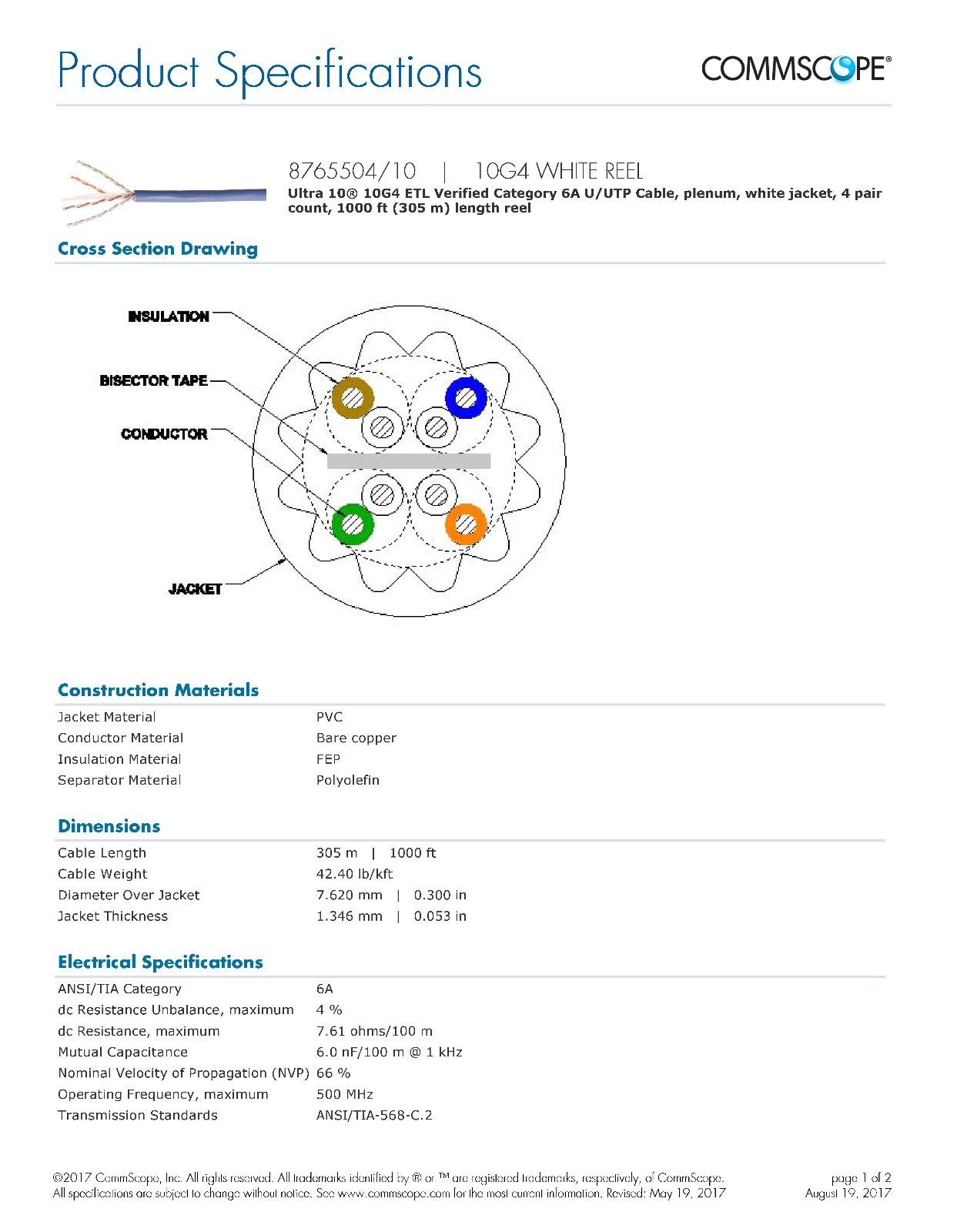 Commscope 10G4 Ultra 10 Cat6A U/UTP Plenum Network Cable White /100ft ...