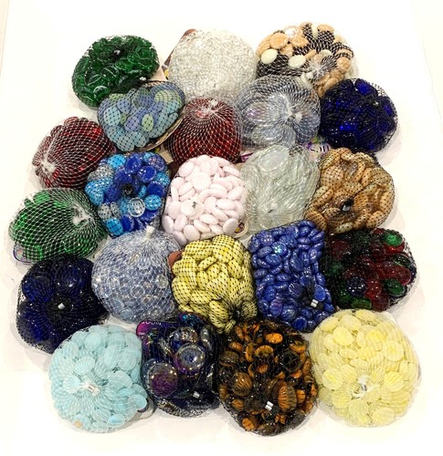 Mega Marble Vacor Collection of 23 Gem Net Bags Lot w Moon Faces Mosaic ...