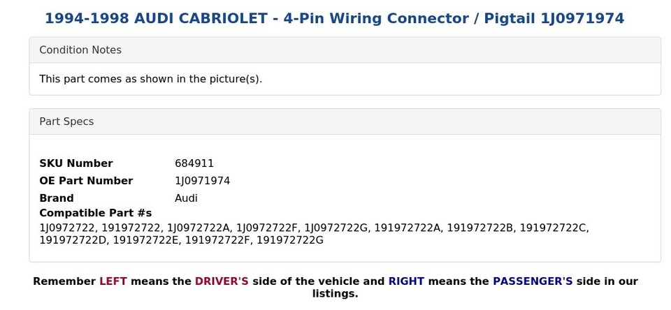 1994-1998 AUDI CABRIOLET - 4-Pin Wiring Connector / Pigtail 1J0971974 ...
