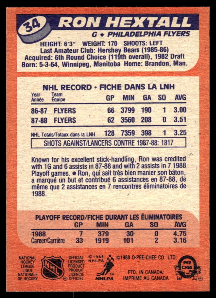 1988-89 O-Pee-Chee #34 Ron Hextall Philadelphia Flyers Hockey Card | eBay