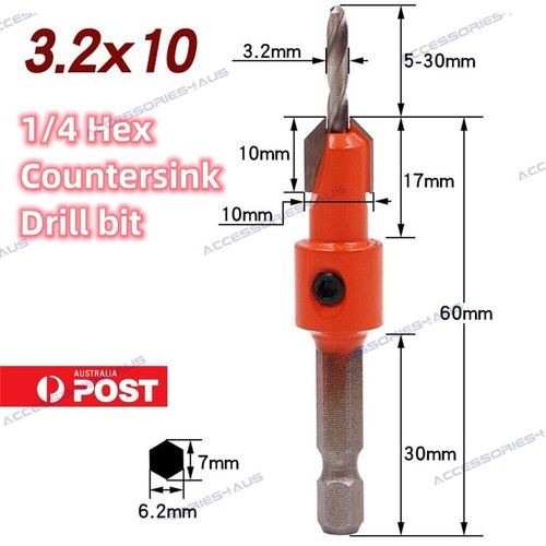 2 x 1/4 Hex Countersink Drill Bit 3.2mm x 10g Screw Hex Shank Cabinet ...