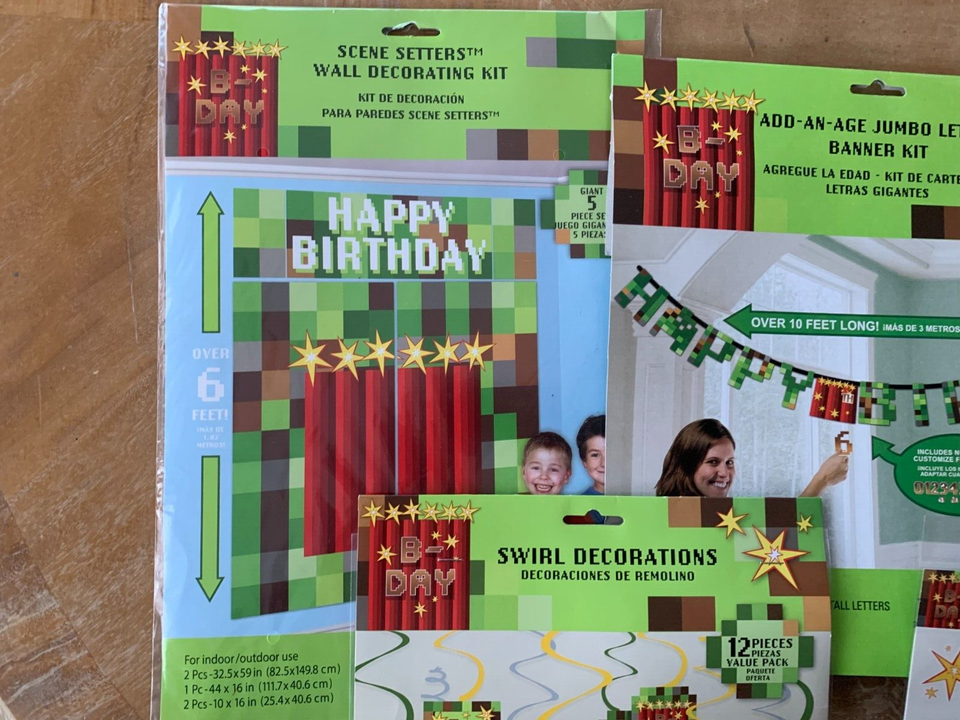 Minecraft Party Pack w/ Back Drop Swirl Decorations Tattoos Happy ...