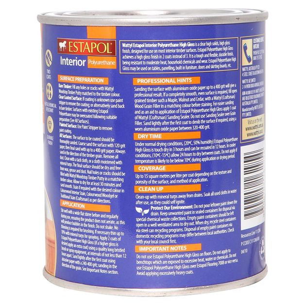 Wattyl Estapol Interior Polyurethane Clear Finish HIGH GLOSS 500ml, 1L ...