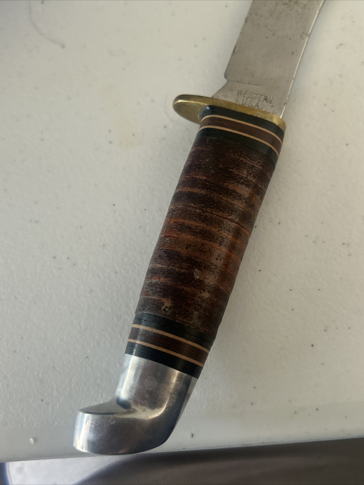 Vintage WESTERN Fixed Blade Hunting Knife, Stacked Leather Handle | eBay