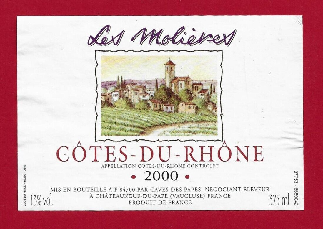 VR31 Etiquette Côtes du Rhône 2000 LES MOLIÈRES mise CAVES DES PAPES ...