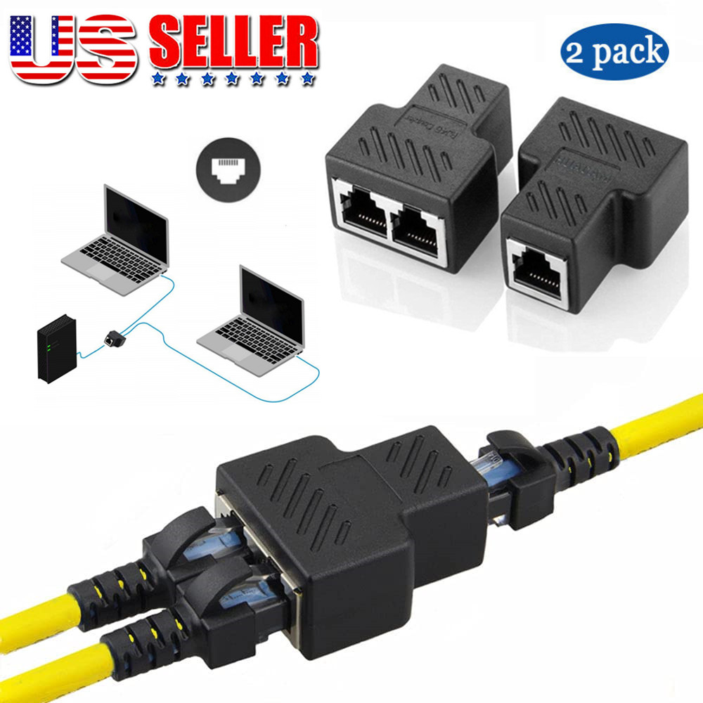 2 PC RJ45 Splitter Adapter LAN Ethernet Cable 1-2 Way Dual Female Port ...